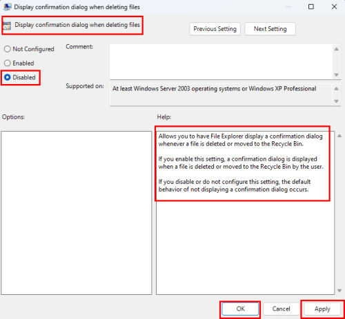 Disable: Are you sure you want to move this file to the Recycle Bin