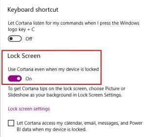 Windows 10: Disable Cortana on Lock Screen