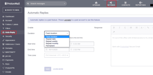 ProtonMail: How to Configure an Automatic Reply - Technipages