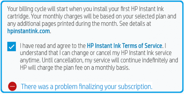HP Ink: There Was a Problem Finalizing Your Subscription - Technipages